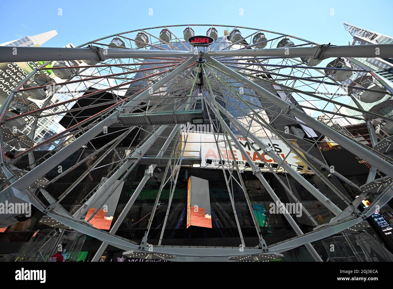 A wide view of the ferris wheel setup along Broadway in Times Square ...