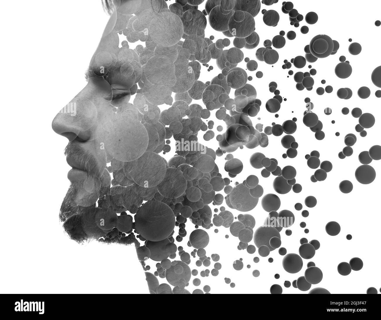 A black and white profile portrait of a man combined with floating 3d ...