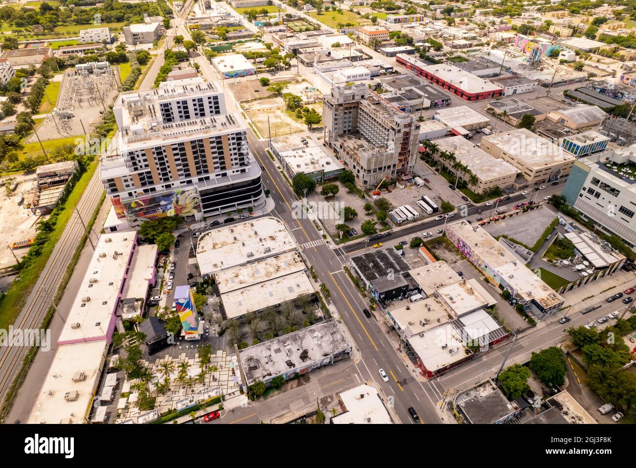 Miami, FL, USA - September 5, 2021: Aerial photo The Oasis Wynwood ...