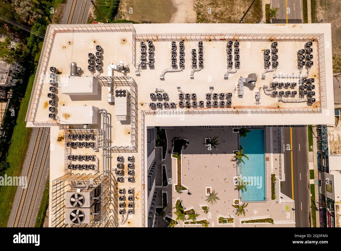 Aerial photo HVAC Air Conditioning systems on rooftops Miami FL USA ...