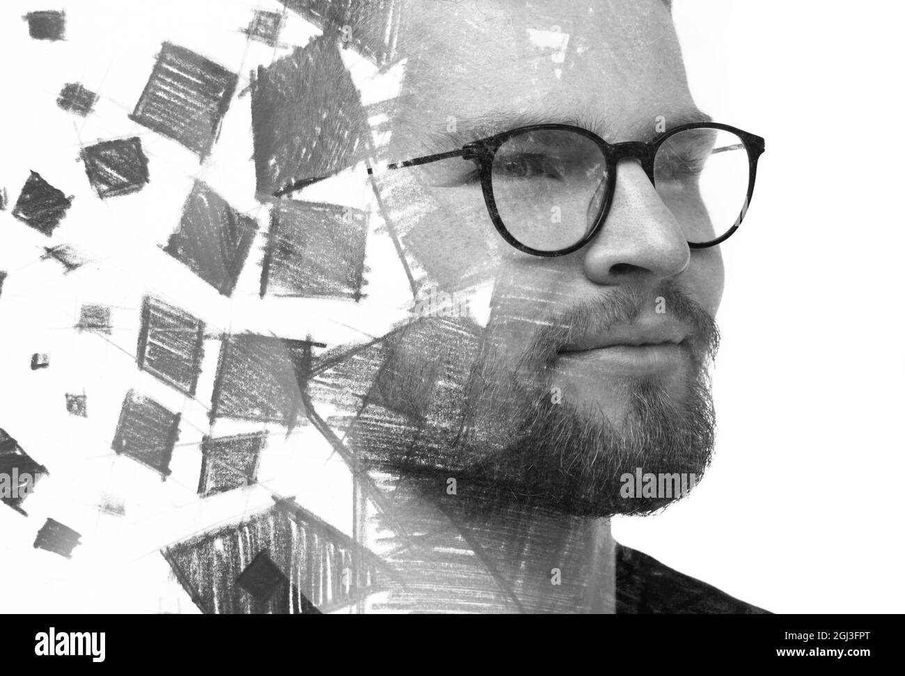 Portrait of a man combined with abstract shapes in a double exposure ...