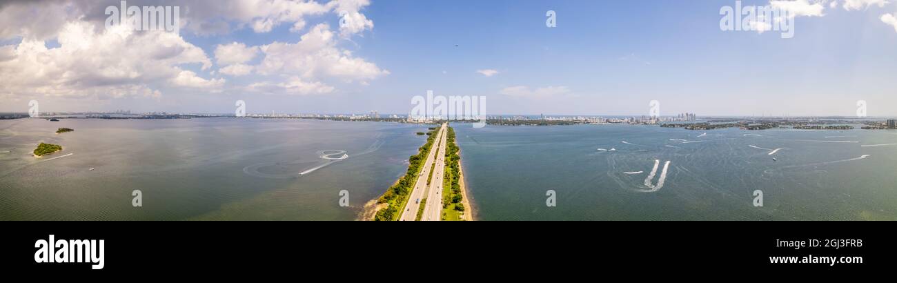 Aerial panoramic photo Julia Tuttle Causeway Bridge Miami Florida over ...