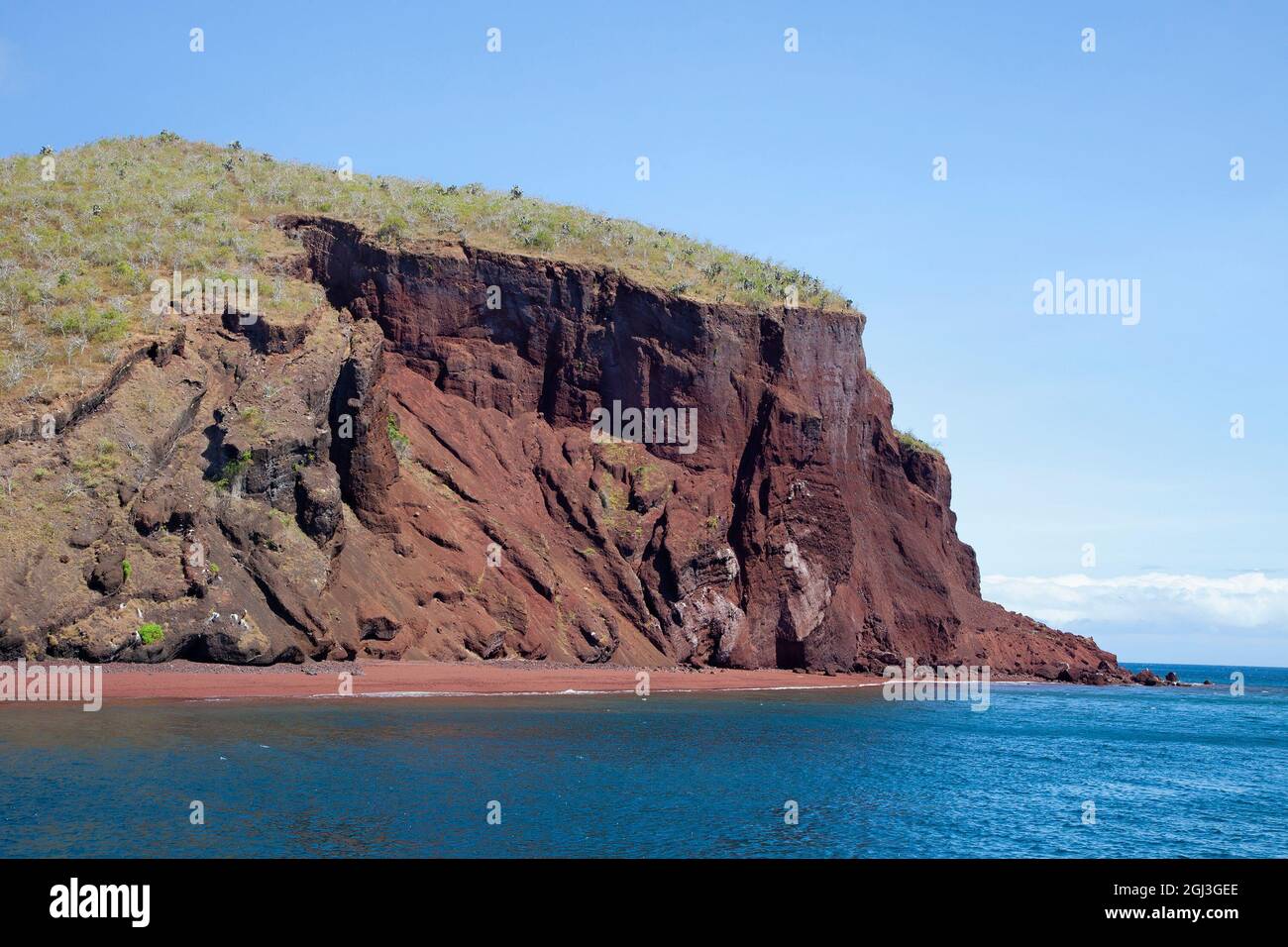 Rabida Island red cliff and beach formed from volcanic scoria lava rock ...
