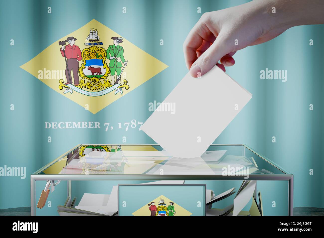Delaware flag, hand dropping ballot card into a box - voting, election ...