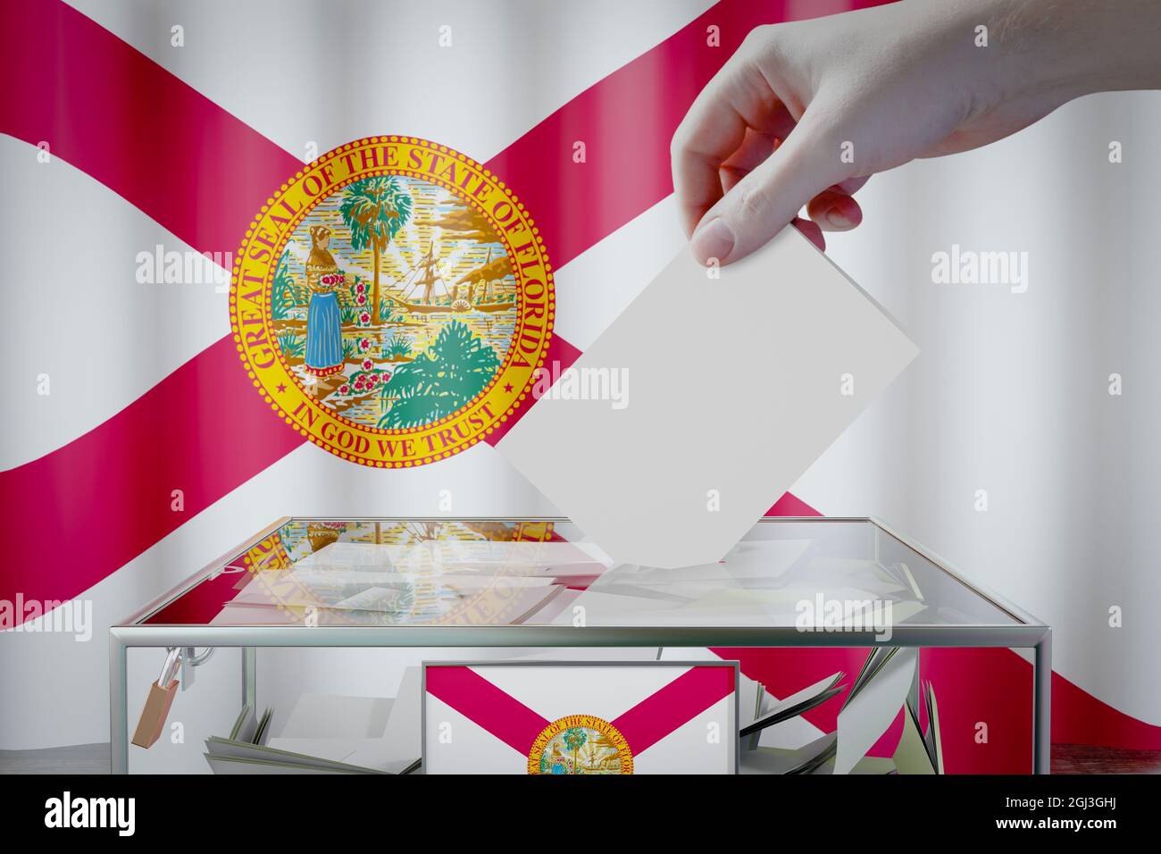 Florida flag, hand dropping ballot card into a box - voting, election ...