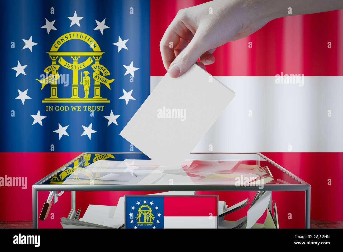 Georgia flag, hand dropping ballot card into a box - voting, election ...