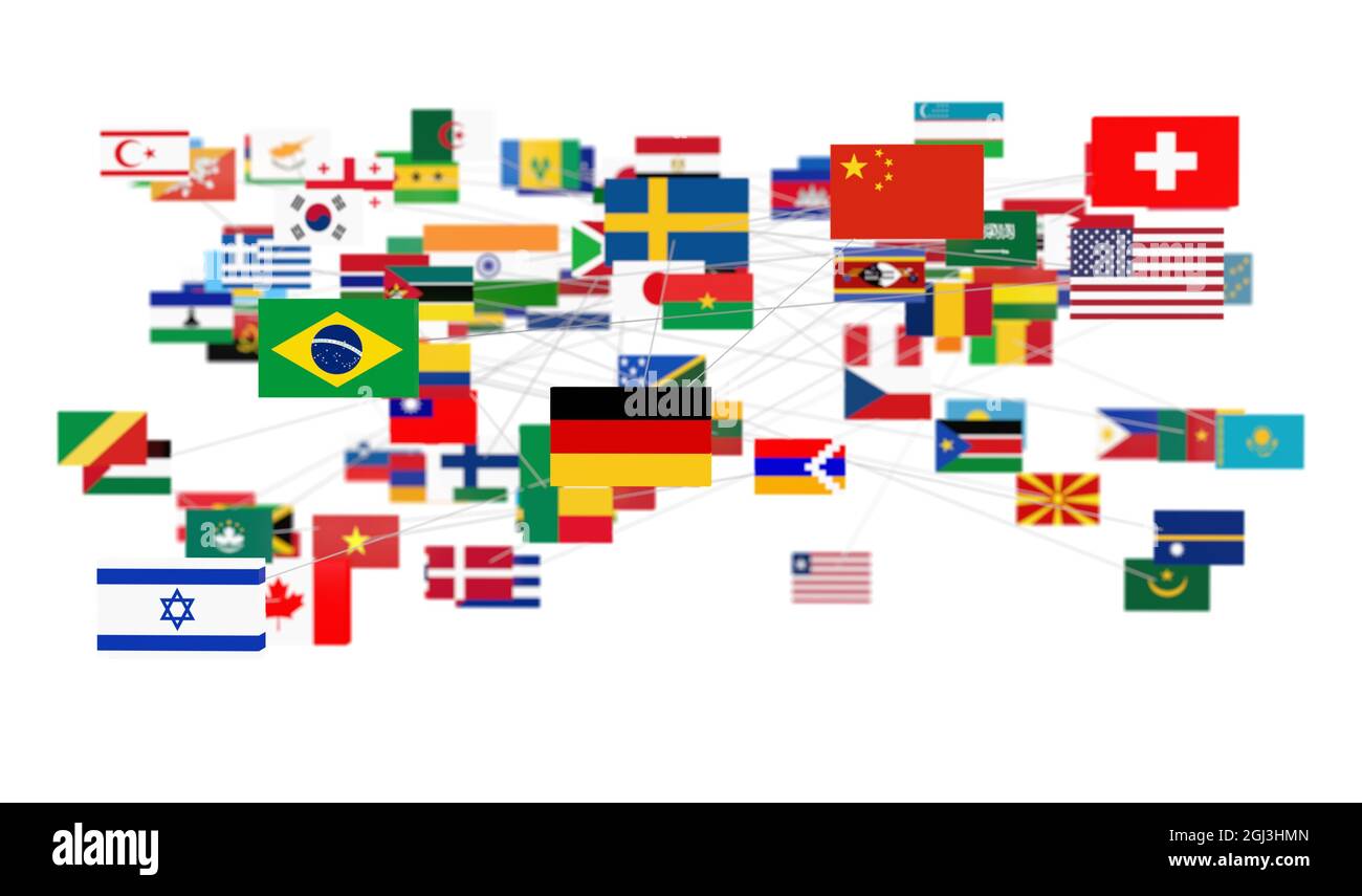 2D illustration of the flags of different countries on a blurry white ...