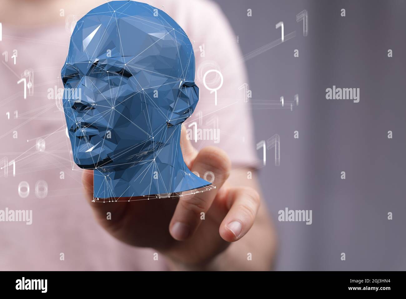 3D rendering of a blue human head with numbers around it and a woman in ...