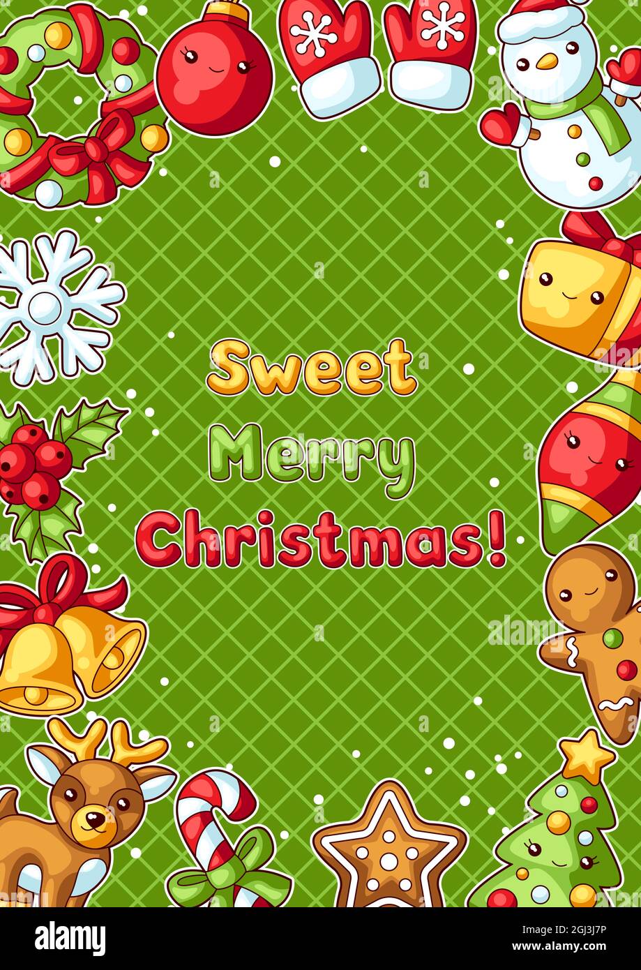 Sweet Merry Christmas decorative frame. Cute characters and symbols ...