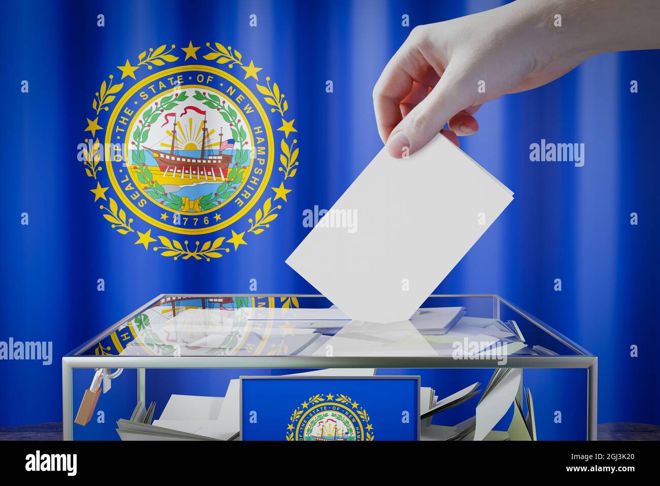 New Hampshire flag, hand dropping ballot card into a box - voting ...