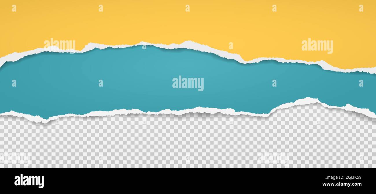 Torn, ripped yellow and turquoise paper strips with soft shadow are on ...