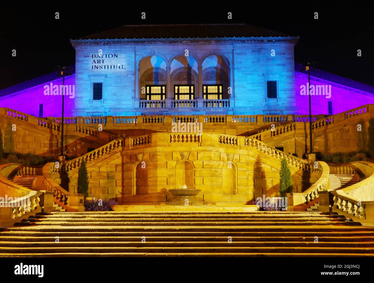 Dayton Art Institute at night with colored lights. Blue color in honor ...