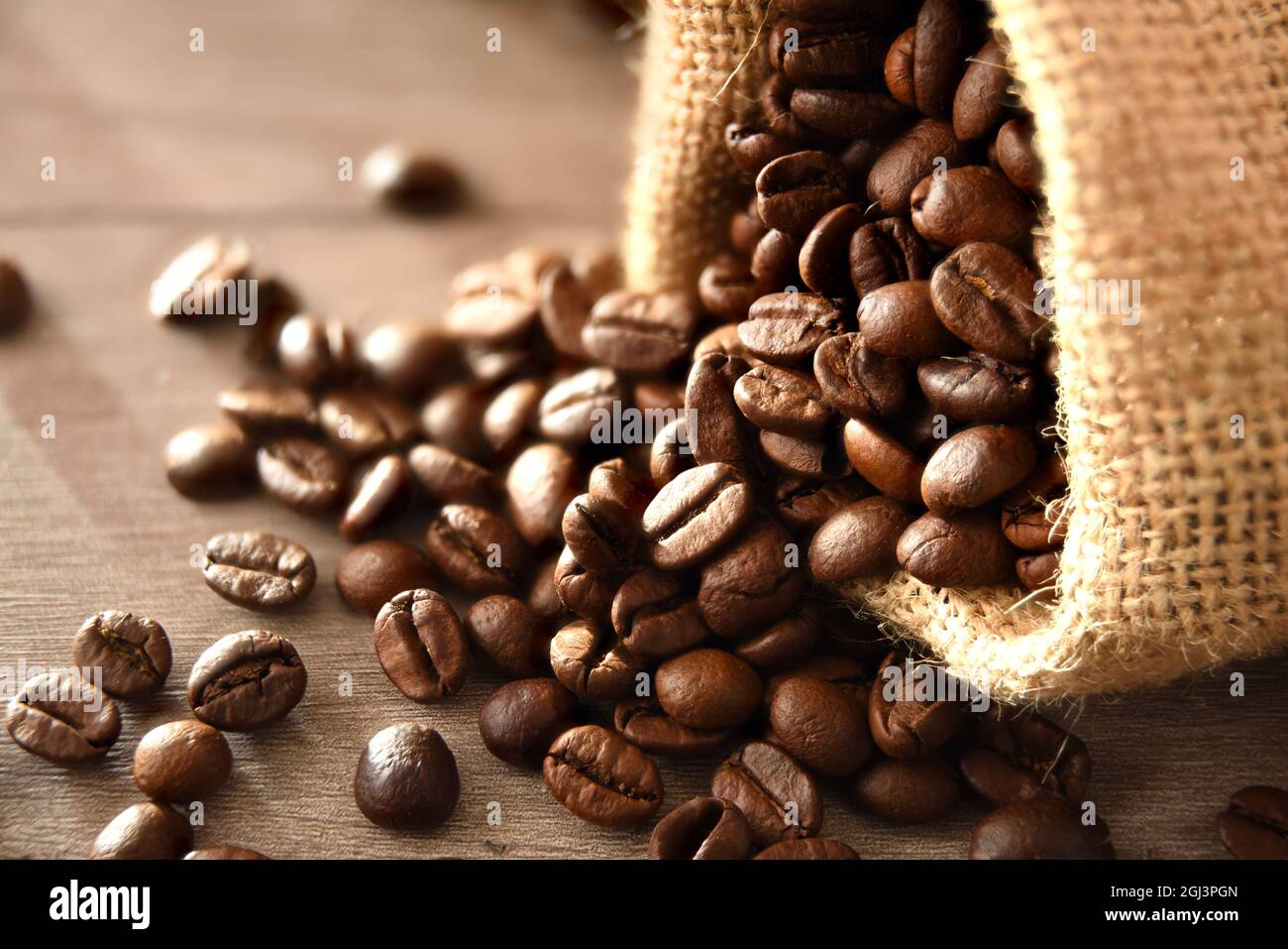 Sack full of fallen coffee beans on wooden table close up. Elevated ...