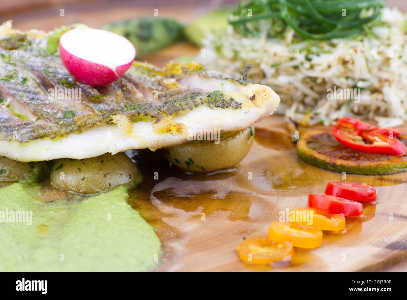 Gourmet fish plate Stock Photo - Alamy