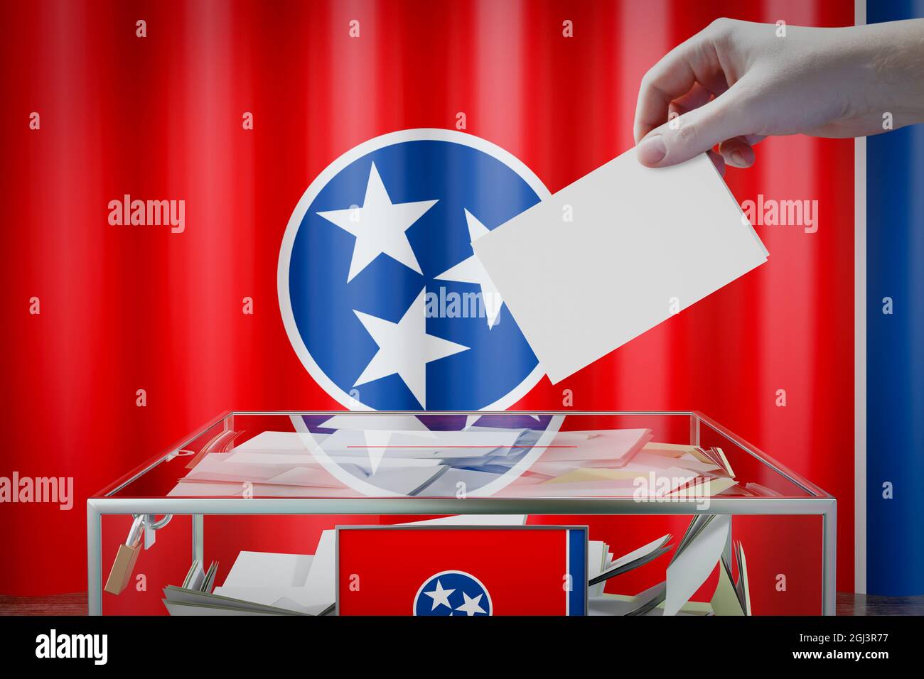 Tennessee flag, hand dropping ballot card into a box - voting, election ...
