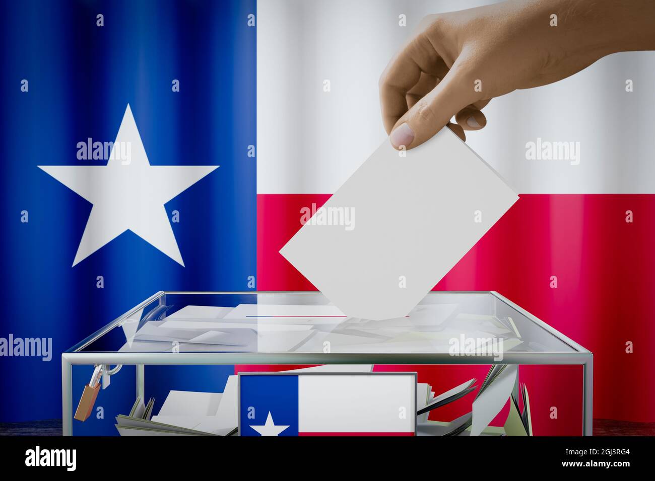 Texas flag, hand dropping ballot card into a box - voting, election ...