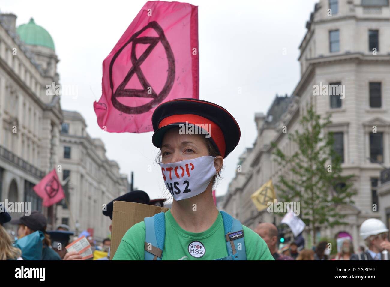 Extinction Rebellion protestor with 'stop HS2' mask takes part during ...