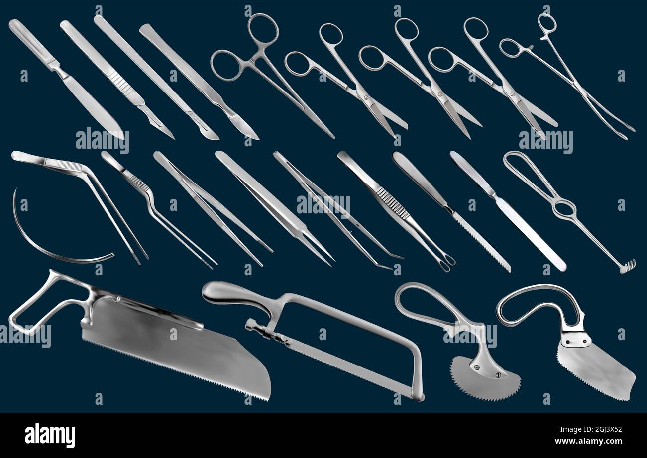 Surgical instruments set. Tweezers, scalpels, Liston s knife, clamp ...