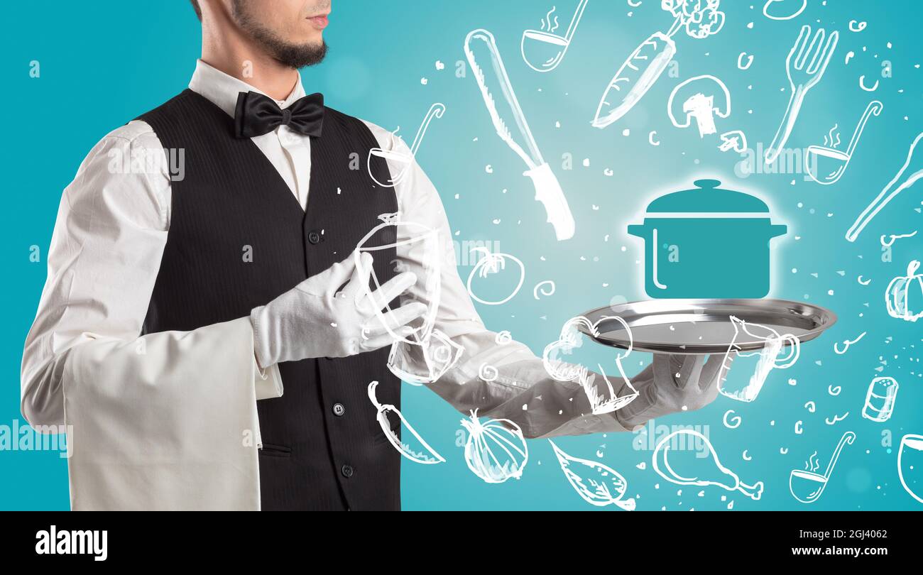 Waiter holding silver tray with food icons above Stock Photo - Alamy