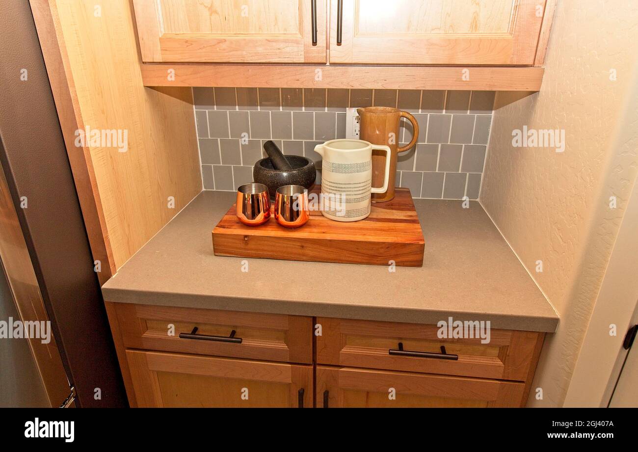 Chopping Block With Decorator Items In Small Pantry Stock Photo - Alamy