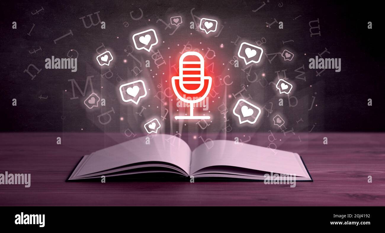 Open book with social networking icons above Stock Photo - Alamy