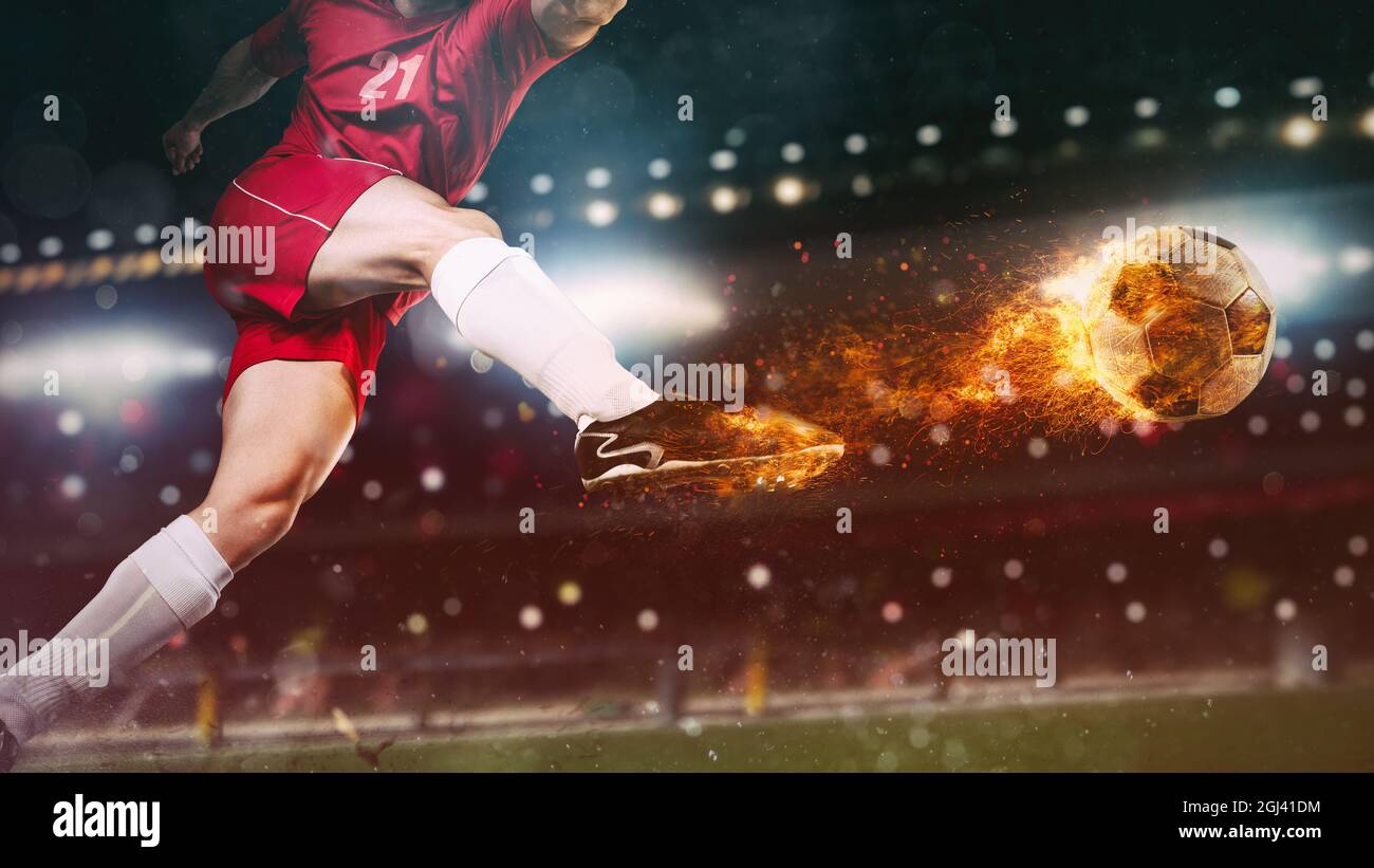 Close up of a soccer scene at night match with player in a red uniform ...