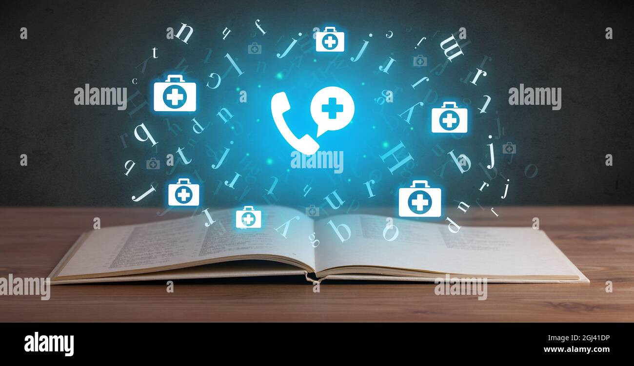 Open medical book with health icons above Stock Photo - Alamy