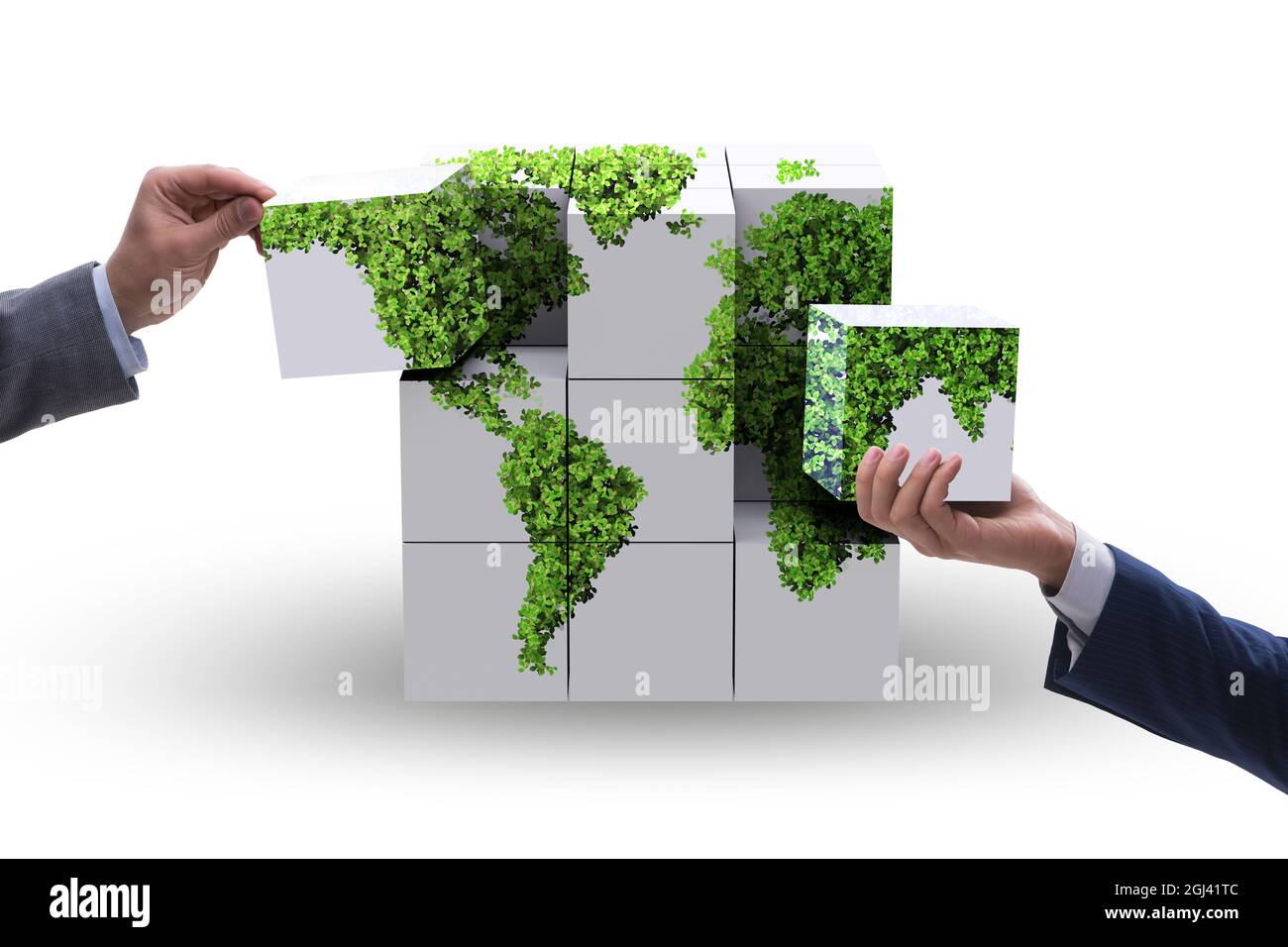Businessman building world map from the cubes Stock Photo - Alamy