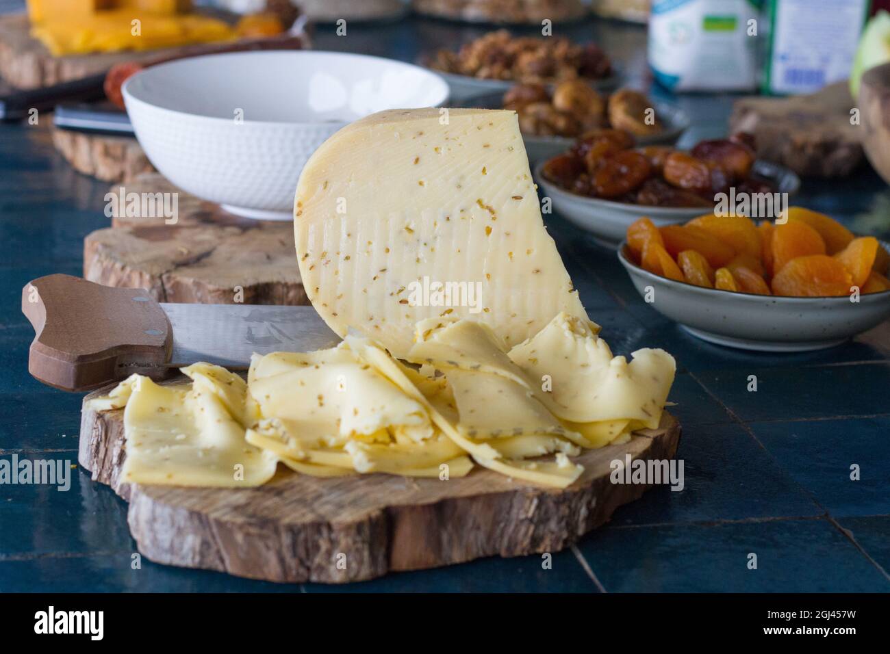 Breakfast buffet of cheese, sausage fruits and omelettes Stock Photo ...