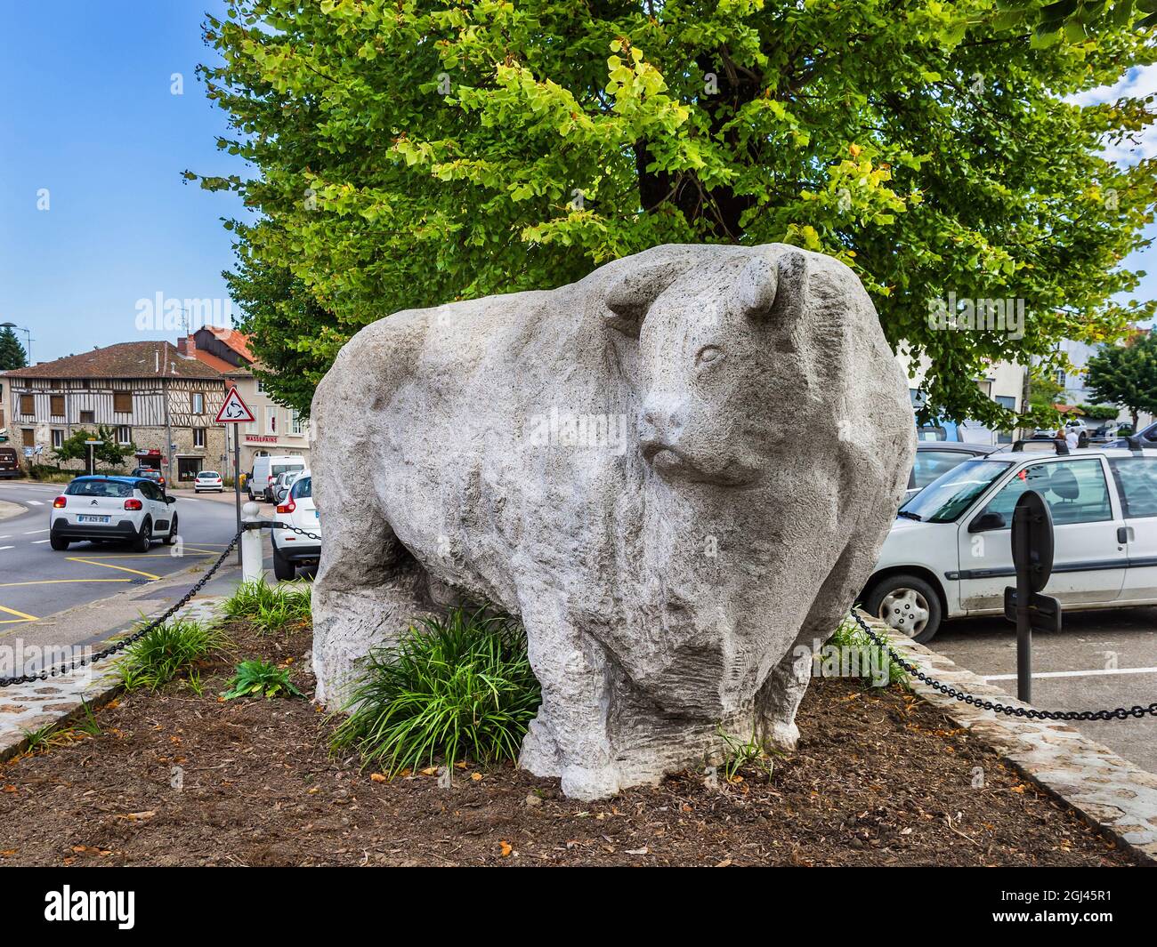 Life-size stone sculpture of Limousin bull in Saint-Léonard-de-Noblat ...