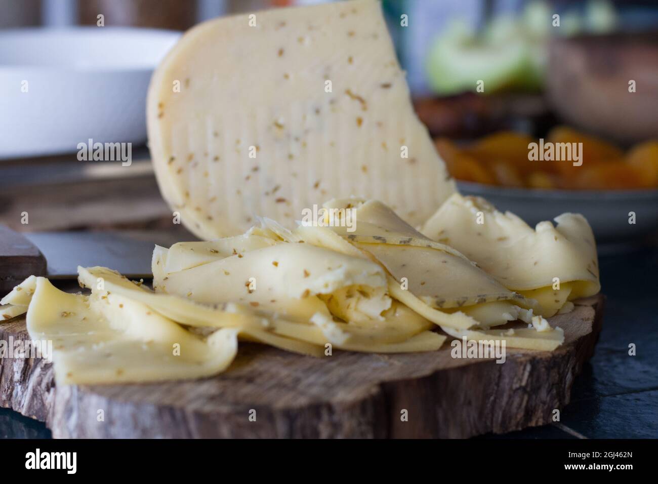 Breakfast buffet of cheese, sausage fruits and omelettes Stock Photo ...