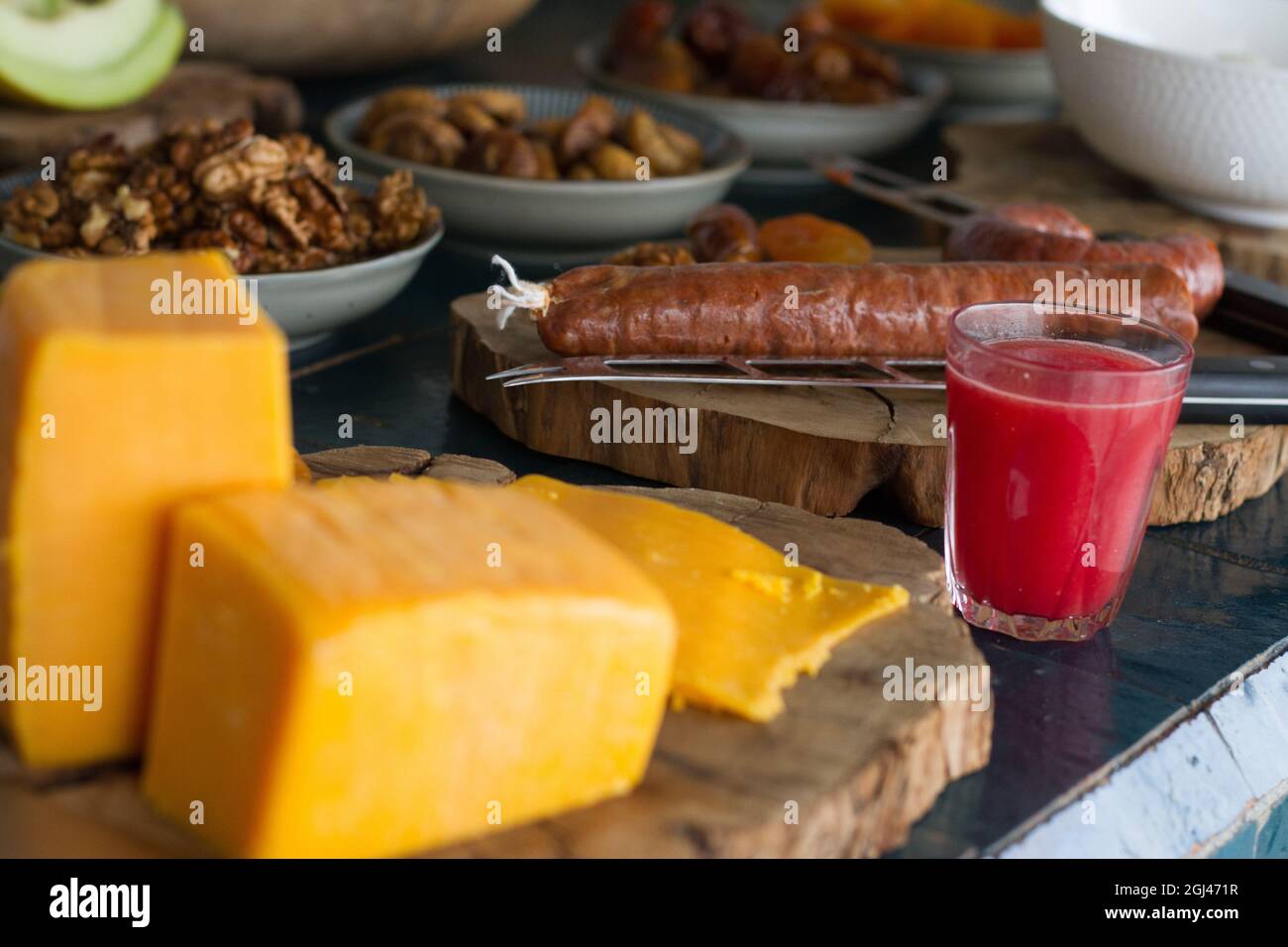 Breakfast buffet of cheese, sausage fruits and omelettes Stock Photo ...