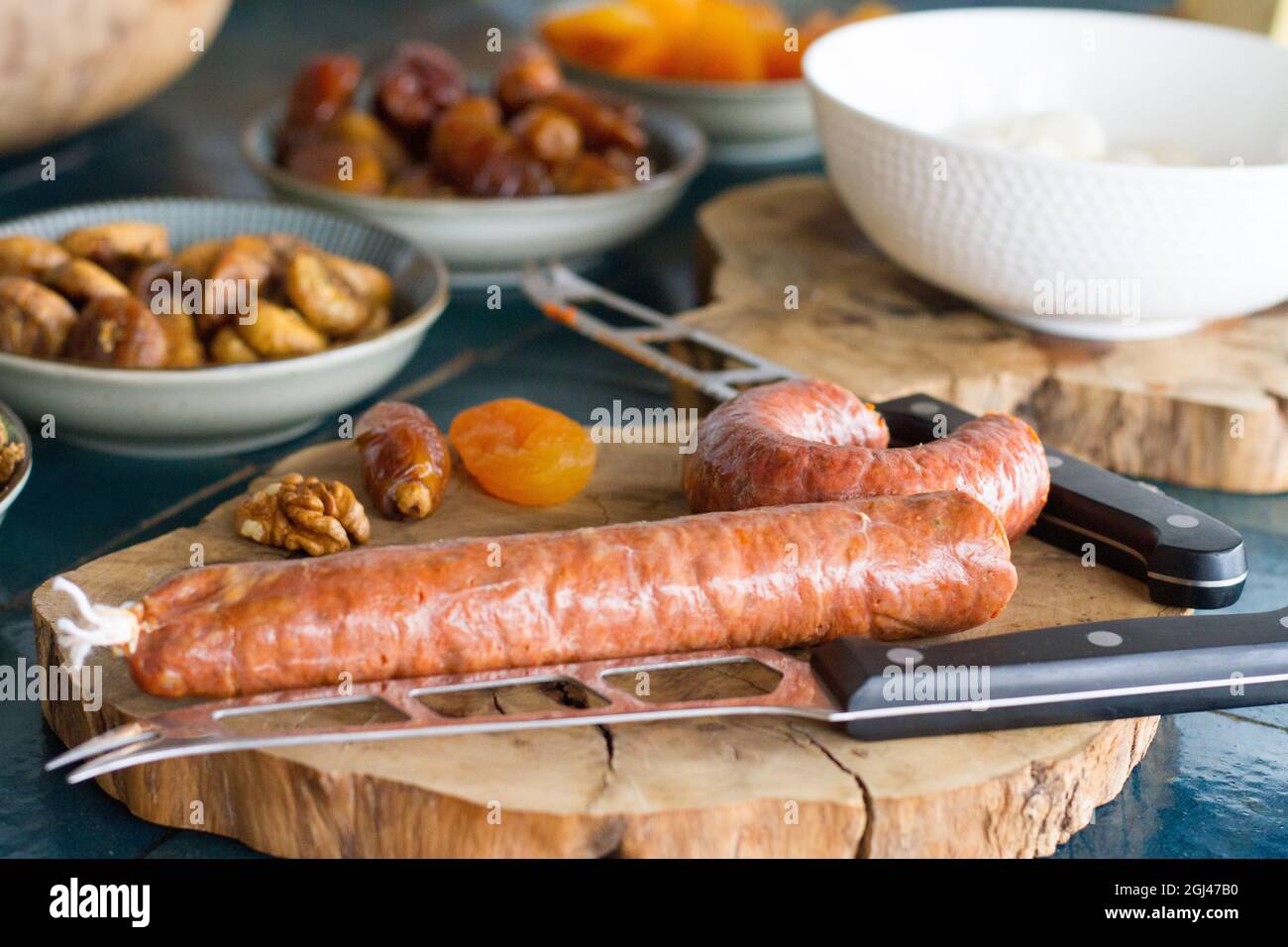 Breakfast buffet of cheese, sausage fruits and omelettes Stock Photo ...