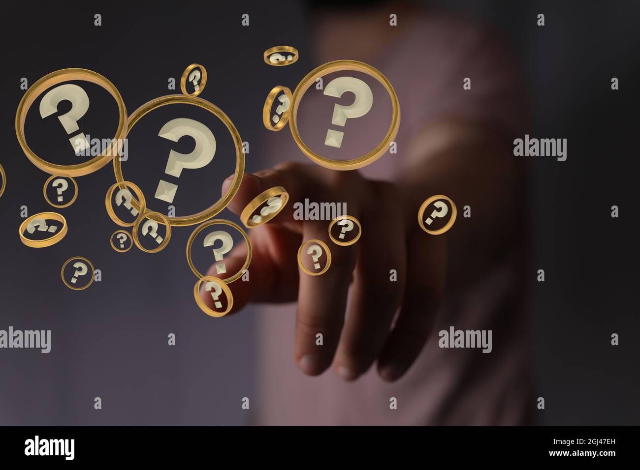 3D rendering of round question mark symbols floating in the air with a ...
