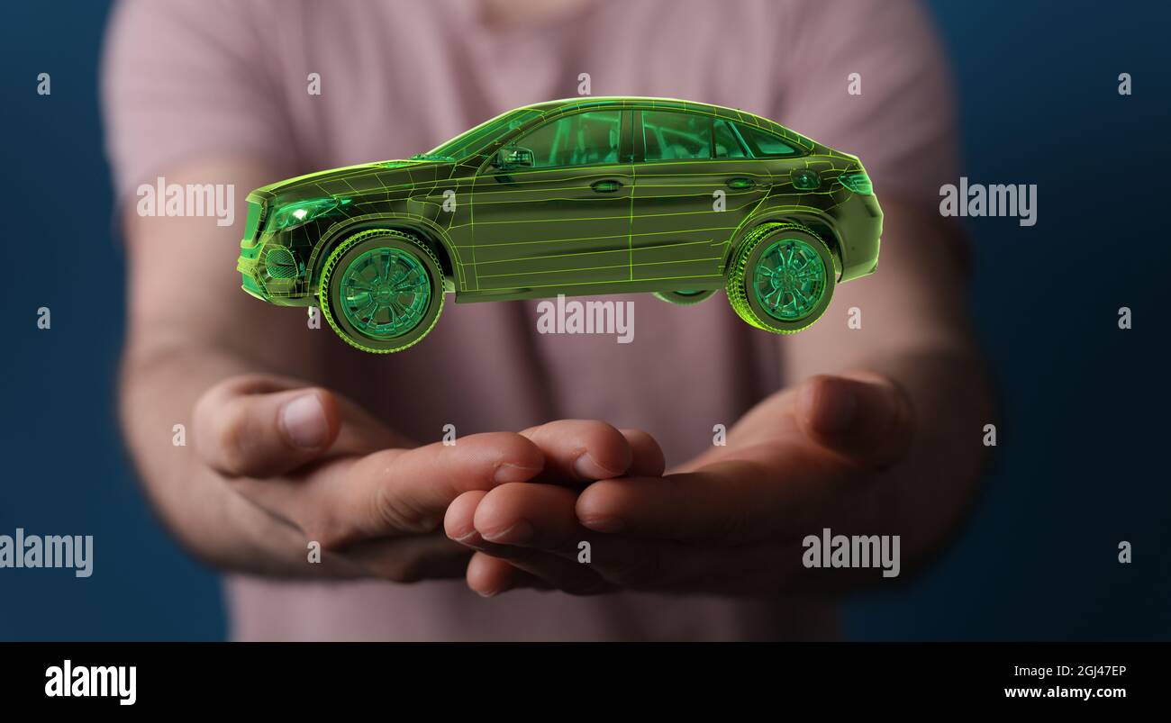 3D rendering of a green car floating above a man's hands on a blurry ...