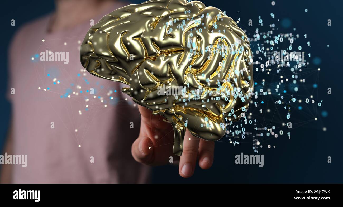 3D render of a gold human brain with a man touching it from the ba ...