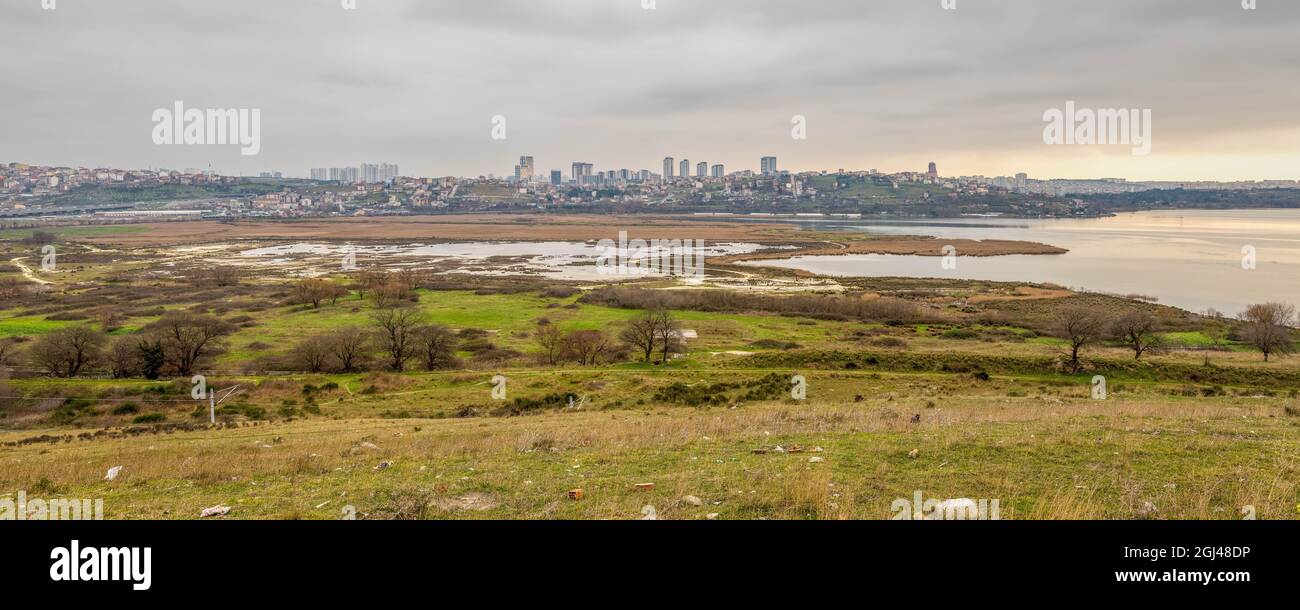 Panoramic view from Kucukcekmece lake, which is the southern transition ...