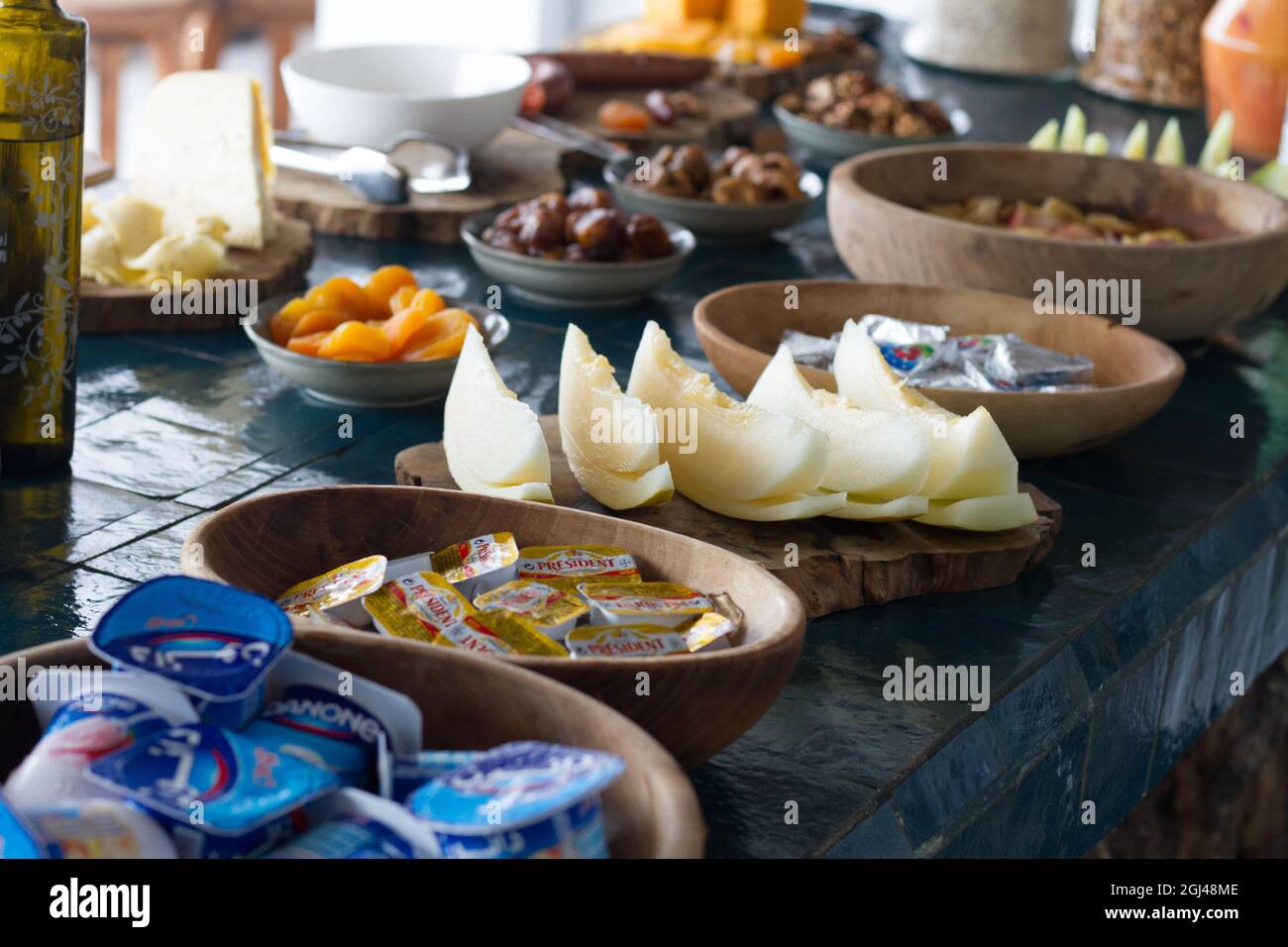 Breakfast buffet of cheese, sausage fruits and omelettes Stock Photo ...