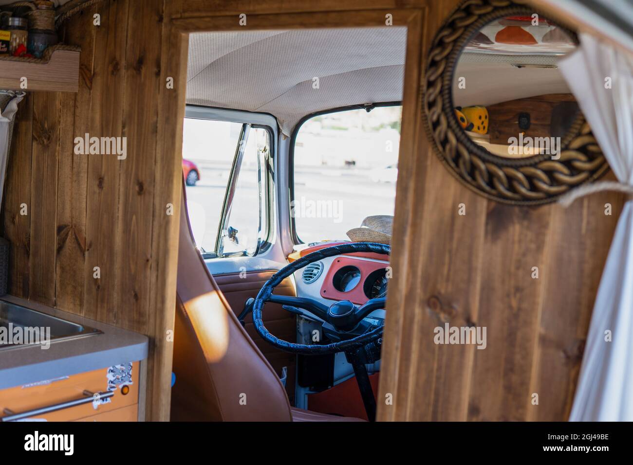Interior details of vintage van in daylight Stock Photo - Alamy