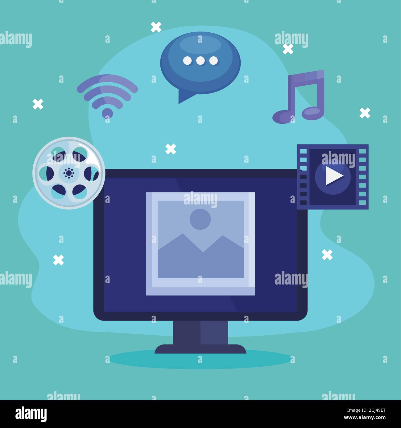 computer with multimedia content icons Stock Vector Image & Art - Alamy