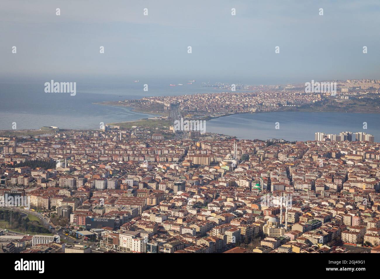 High angle aerial view of Kucukcekmece lake in Istanbul, Turkey on ...