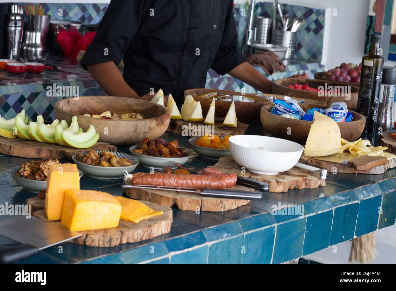 Breakfast buffet of cheese, sausage fruits and omelettes Stock Photo ...