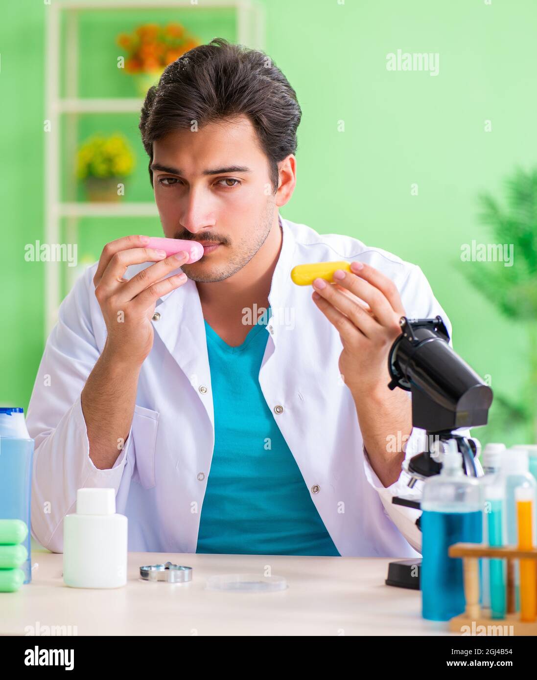 The chemist testing soap in the lab Stock Photo - Alamy