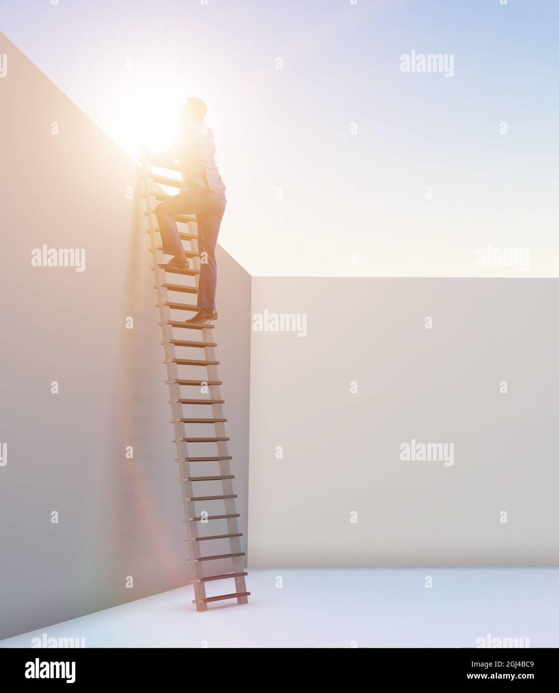 The businessman climbing a ladder to escape from problems Stock Photo ...