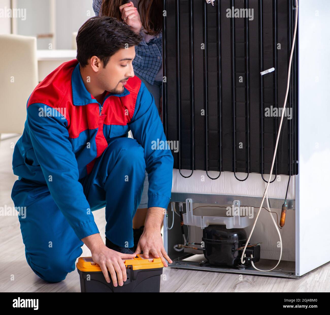 The man repairing fridge with customer Stock Photo - Alamy