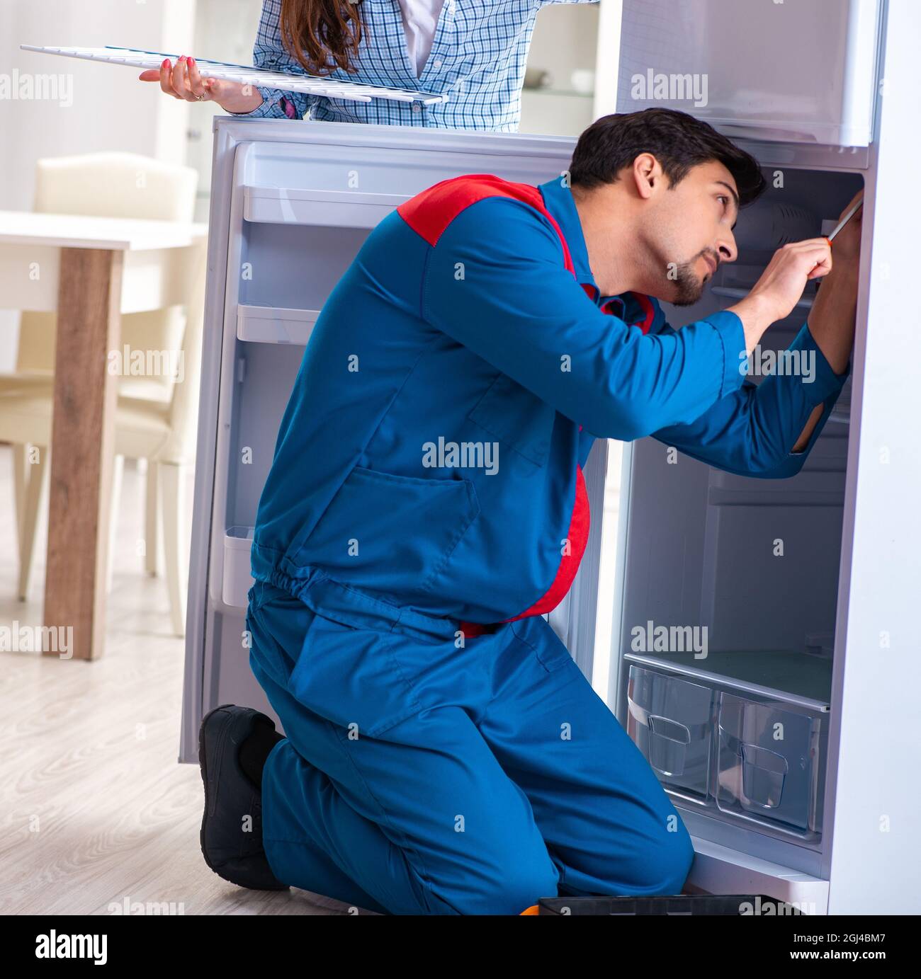 The man repairing fridge with customer Stock Photo - Alamy