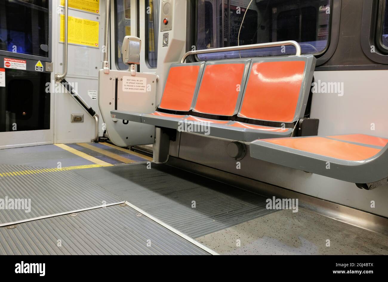 Interior view of empty seating section on the Bay Area Rapid Transit ...