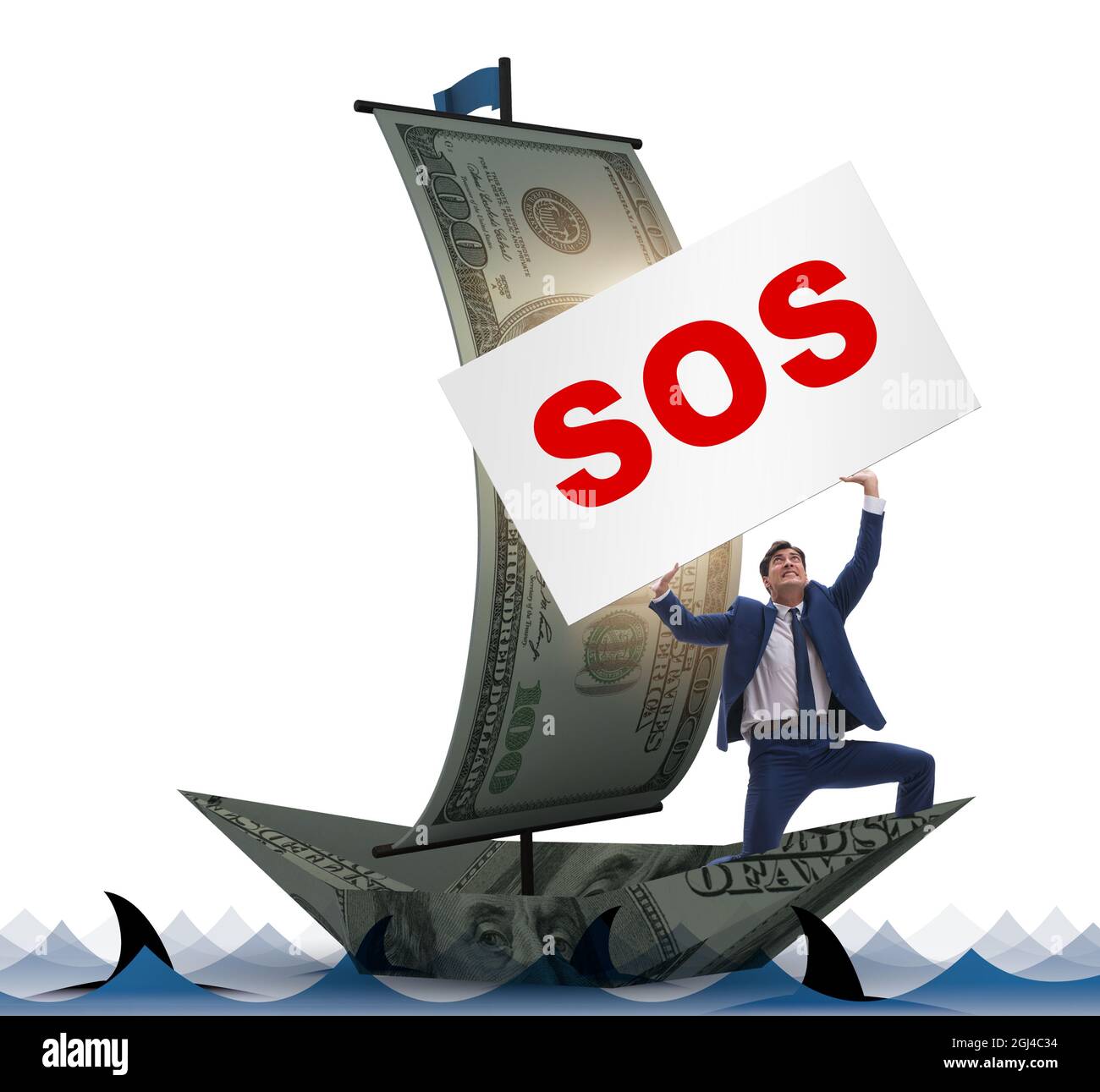 The businessman asking for help with sos message on boat Stock Photo ...