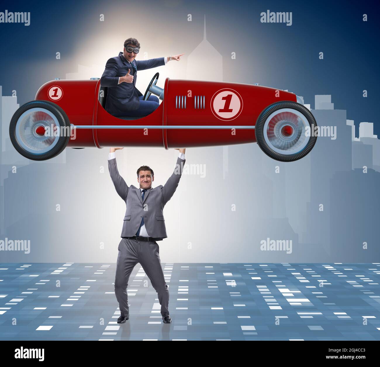 The businessman lifting sports car in power concept Stock Photo - Alamy