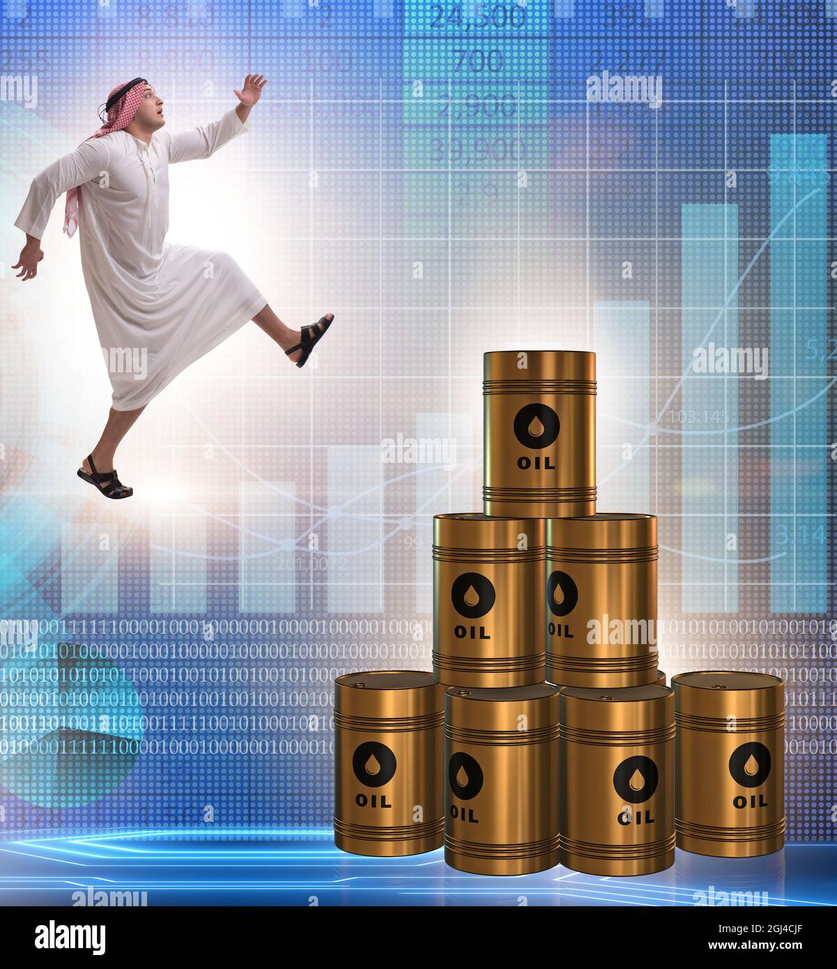 The arab businessman jumping from oil barrels Stock Photo - Alamy